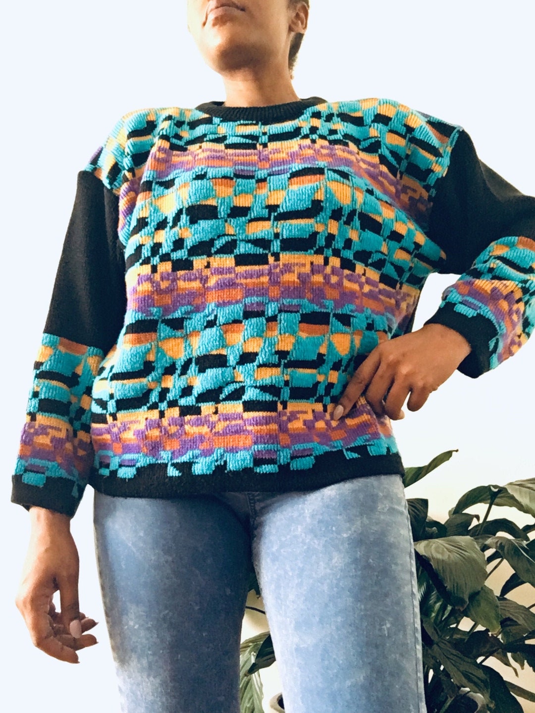 GITANO 1990s PLUS SIZE Abstract Multi Color Oversized Knit Sweater Size ...