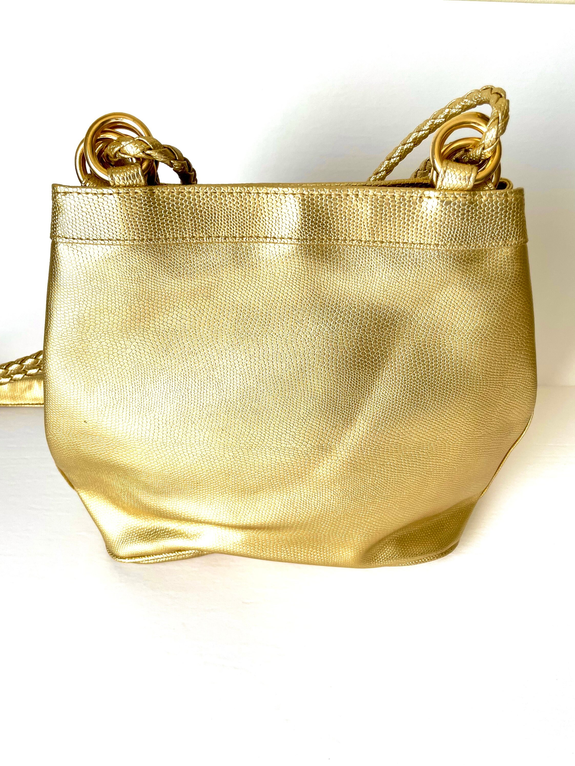TIANNI 1990s Late 80s Era Gold Metallic Basket Weave Bucket Bag ...