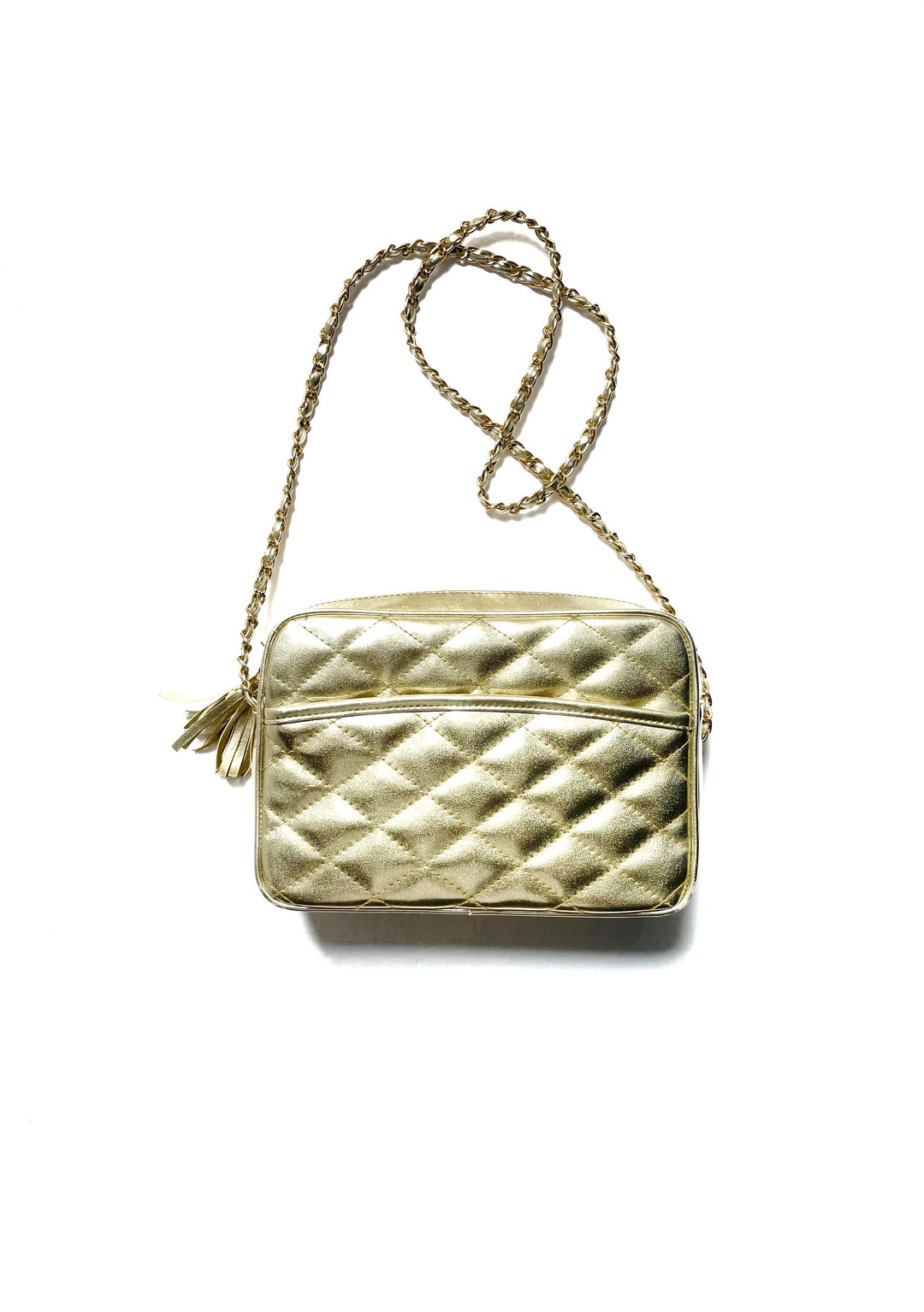 VINTAGE VAULT 1990s Gold Fringe Disco Quilted Camera Bag Chateau Style ...