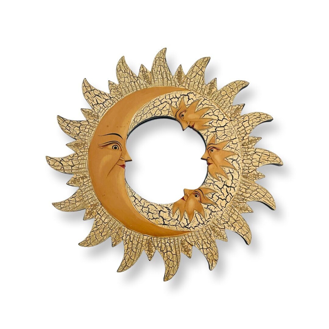Vintage Sun Moon Yellow Wodden Mirror Art Wall I 90s Hand - Etsy