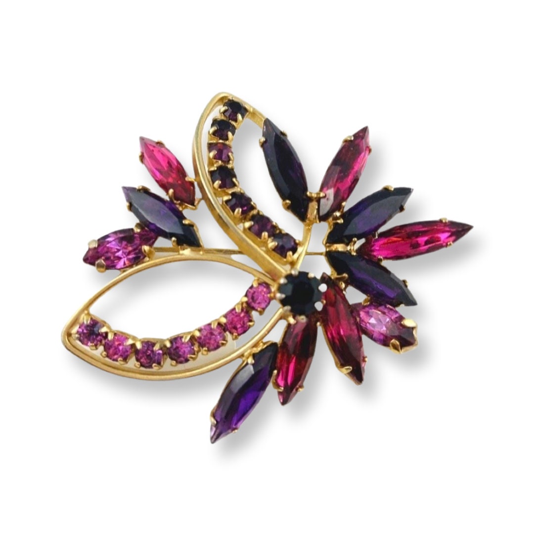 Vintage Swarovski Crystals Floral Figural Fuschia Pink Gold Toned ...