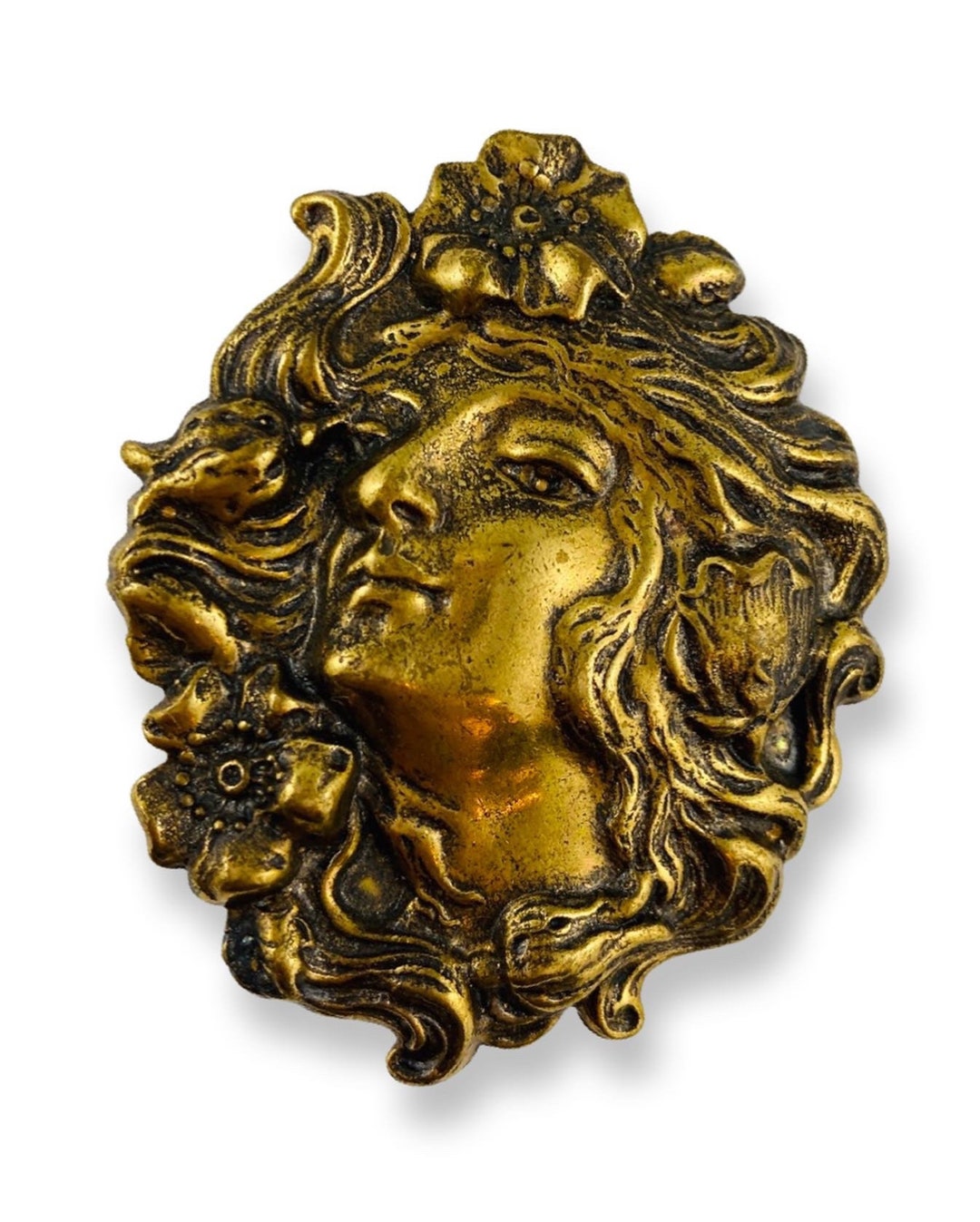 VINTAGE Jugendstil Messing Hut Pin Mucha Stil Frauenkopf Gesicht mit ...