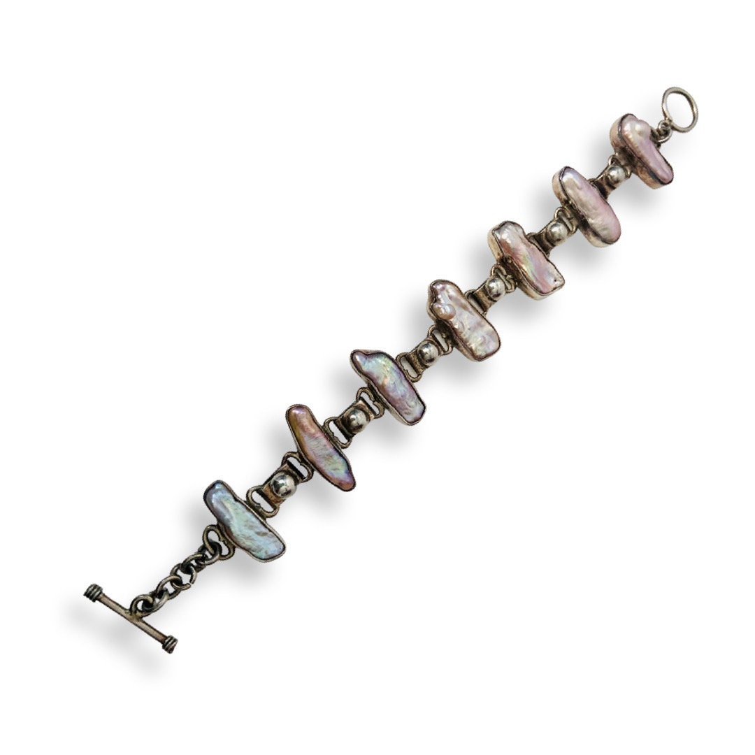 VINTAGE Biwa Chunky Mexican Chain Link 950 Sterling Silver Bracelet 7.5 ...
