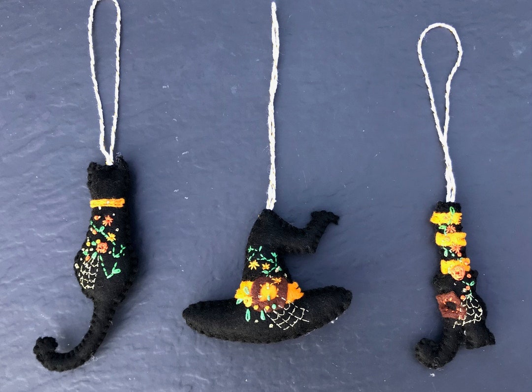 Halloween Decorations, ‘witches Boot, Hat or Cat’ Embroidered Ornaments ...