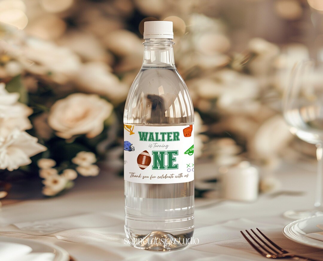 First Year Down Water Bottle Label Template Football First Birthday ...