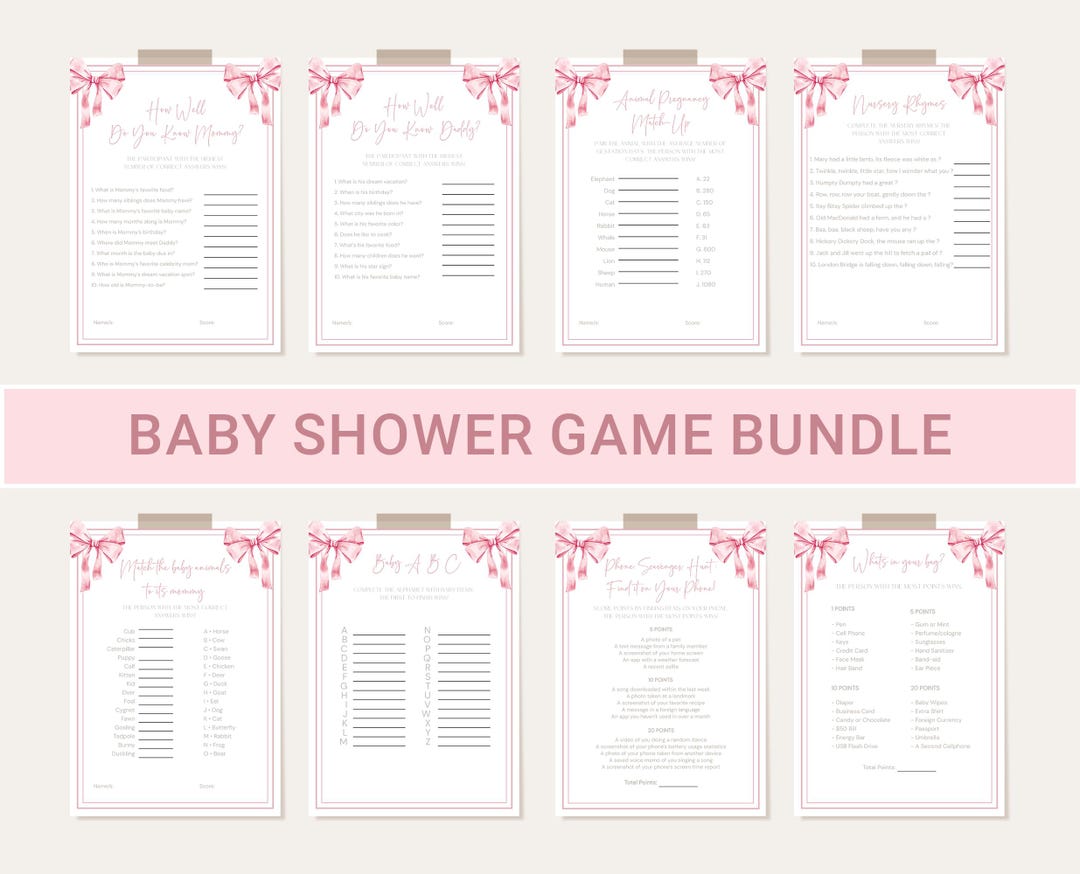 Pink Bow Baby Shower Game Bundle Pink Ribbon Baby Shower Games Baby ...