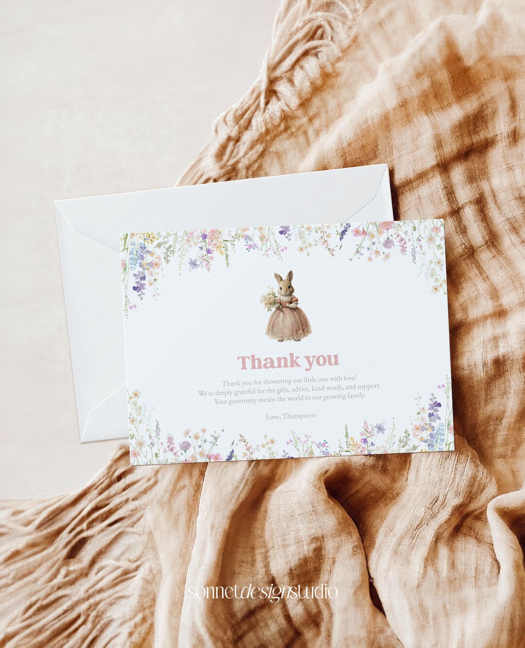 Easter Bunny 1st Birthday Thank You Card Template Wildflower Kids Party ...