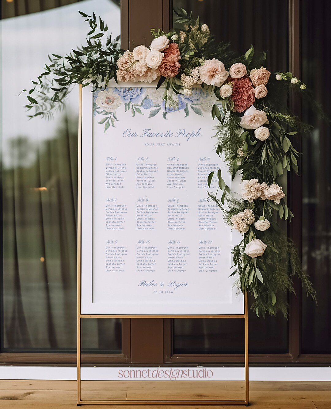 Blue Flowers Seating Chart Sign, Modern Wedding Seating Chart, Modern ...