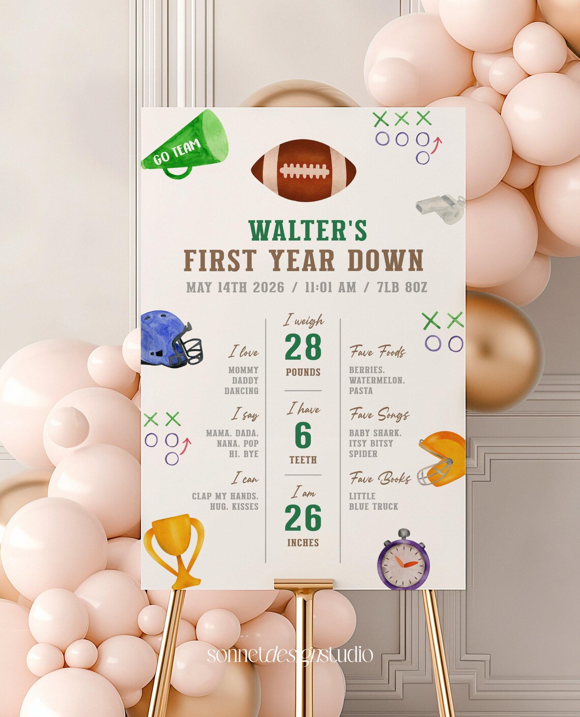 First Year Down 1st Birthday Milestone Sign Football 1st Birthday ...
