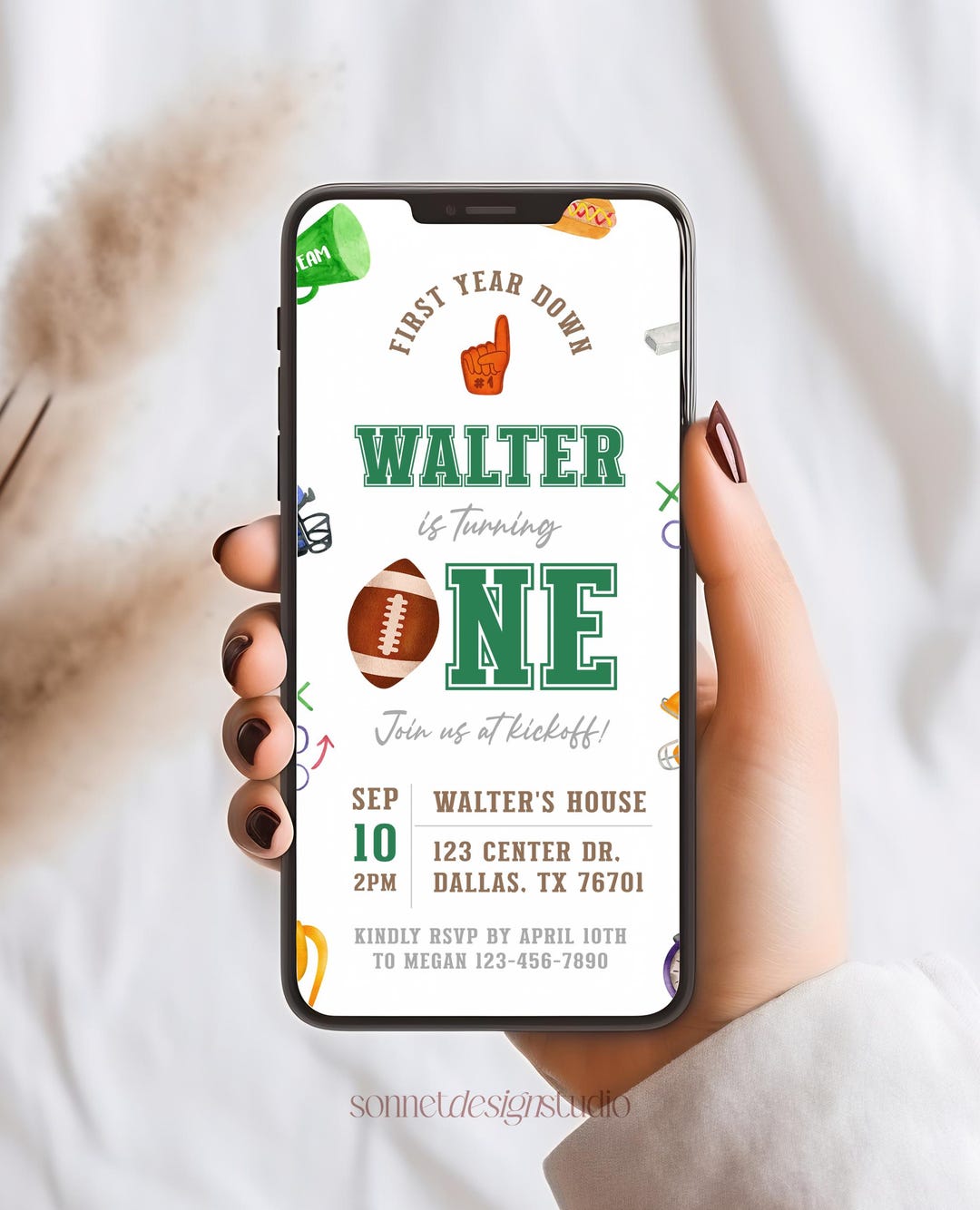 First Year Down 1st Birthday Invitation Digital Evite Football First ...