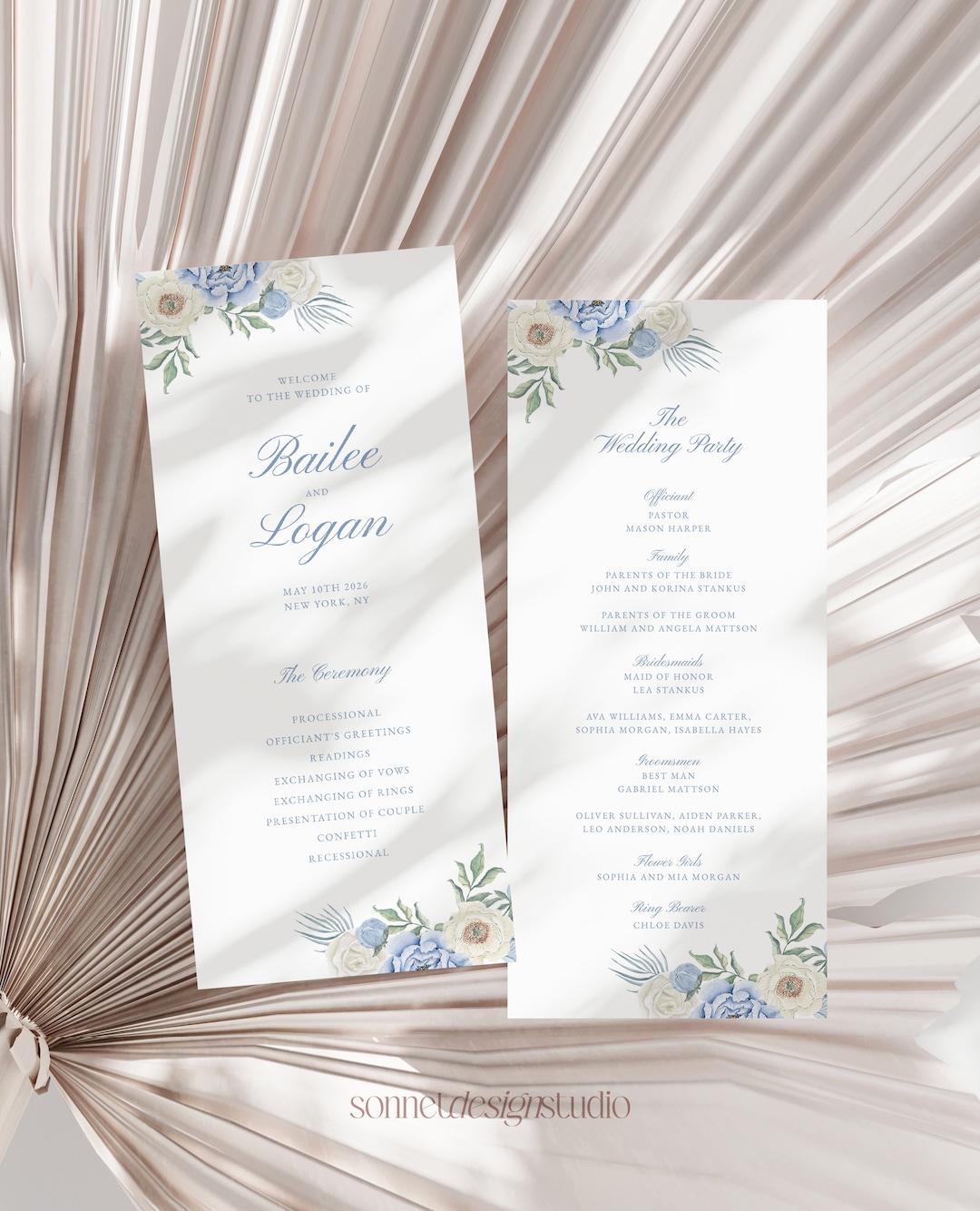 Blue Flowers Wedding Program Template Printable Modern Floral Editable ...