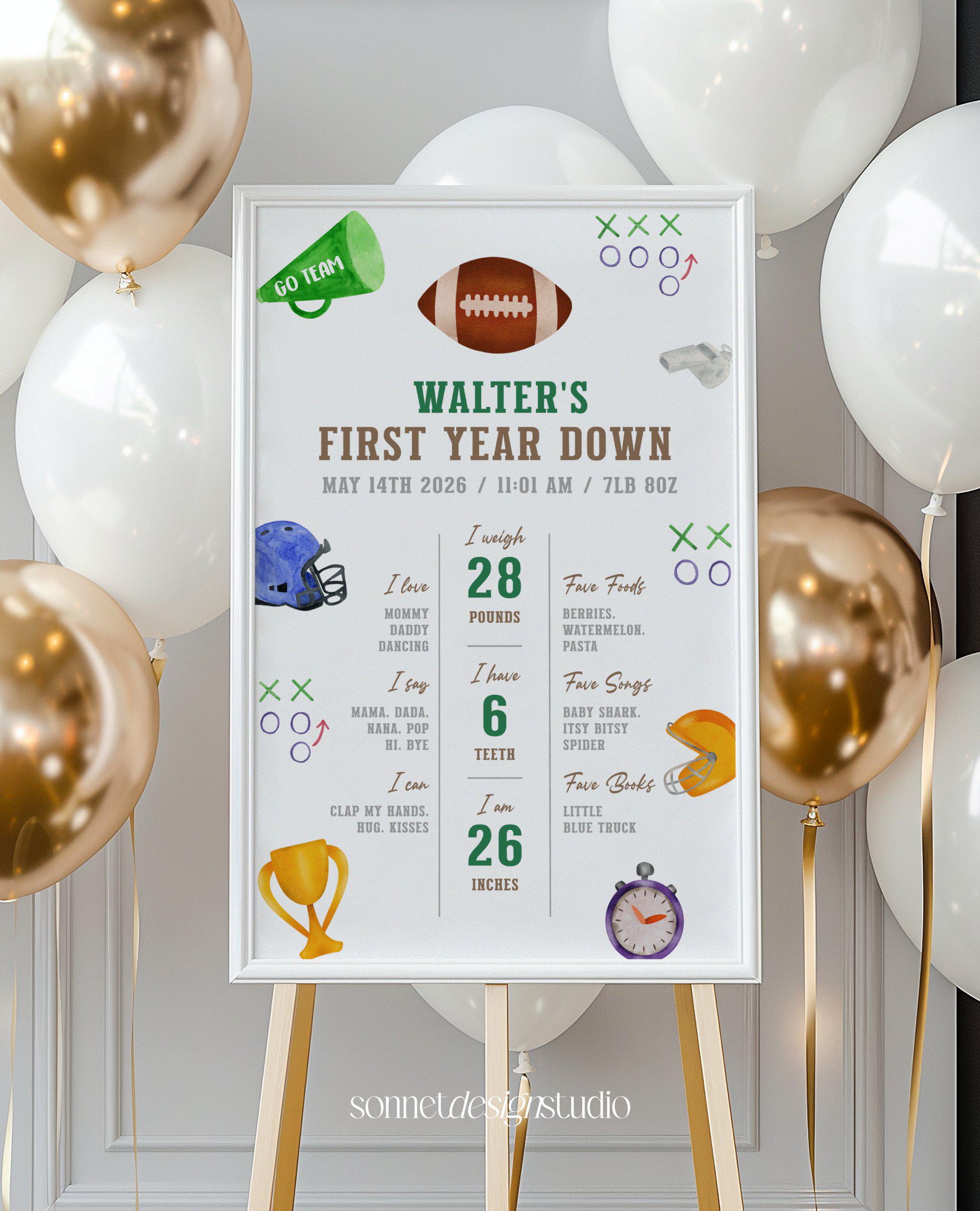 First Year Down 1st Birthday Milestone Sign Football 1st Birthday ...