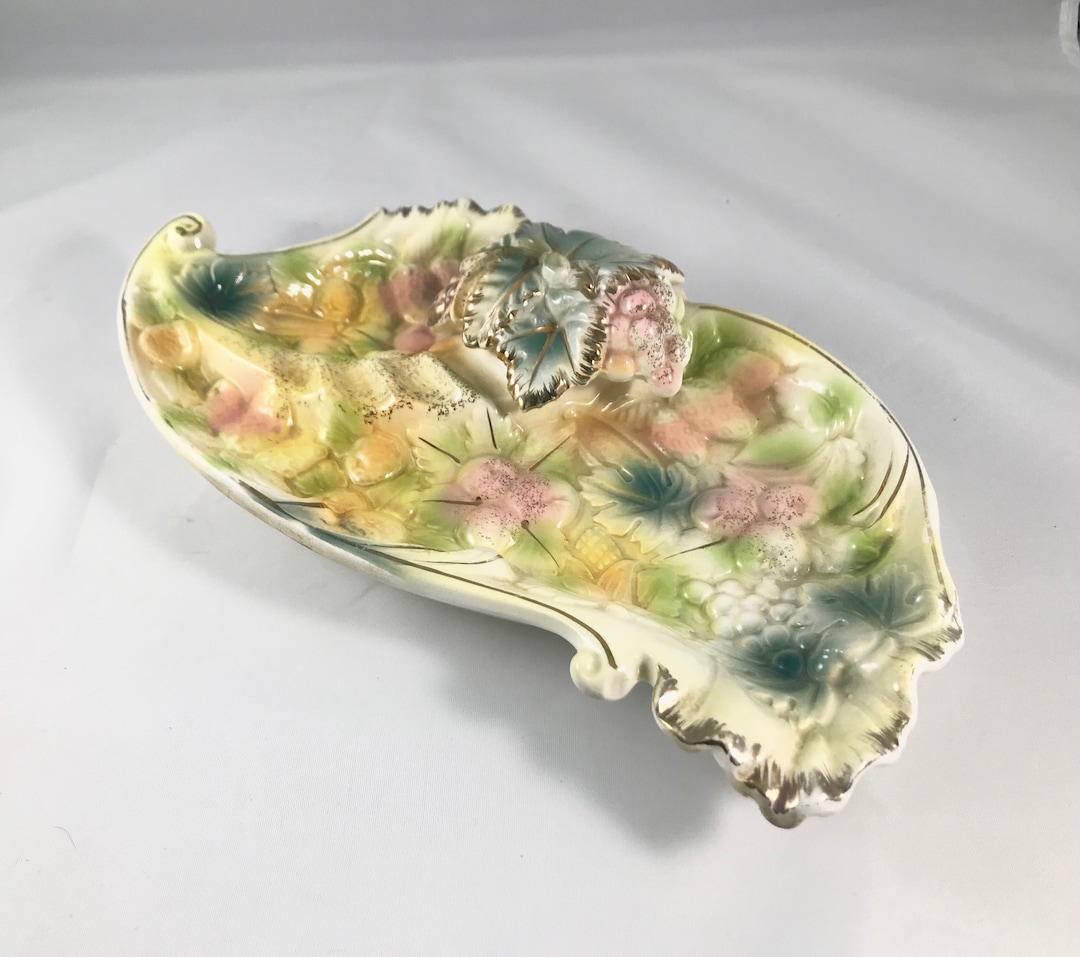 Majolica Trinket Dish, Mid Century Ashtray, Pastel Gold Accents, Betson ...