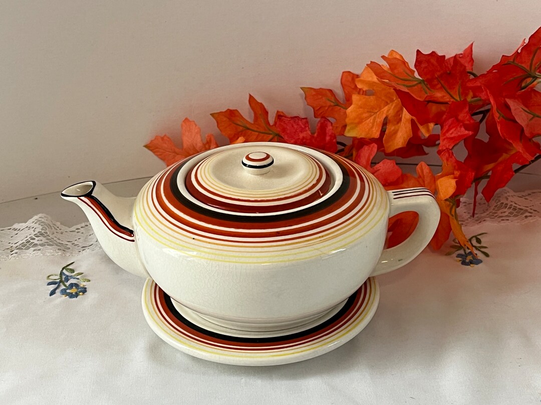 Vintage Mid Century Teapot W Lid and Trivet Tea Kettle Yellow Orange ...