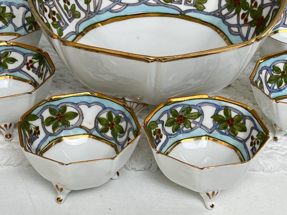 Antique Japanese Nippon Moriage Fruit Bowl & 6 Fruit Cups | Hand ...