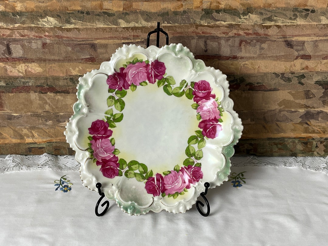 Antique MZ Austria Plate | Green W Pink Roses Bouquet | Scalloped Edges ...