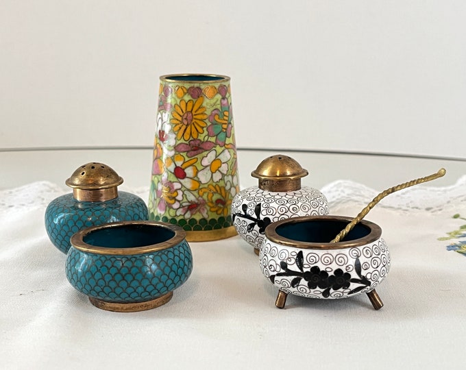 Chinese Cloisonne Brass Enamel Open Salt Cellars / Salt Dips Pepper ...