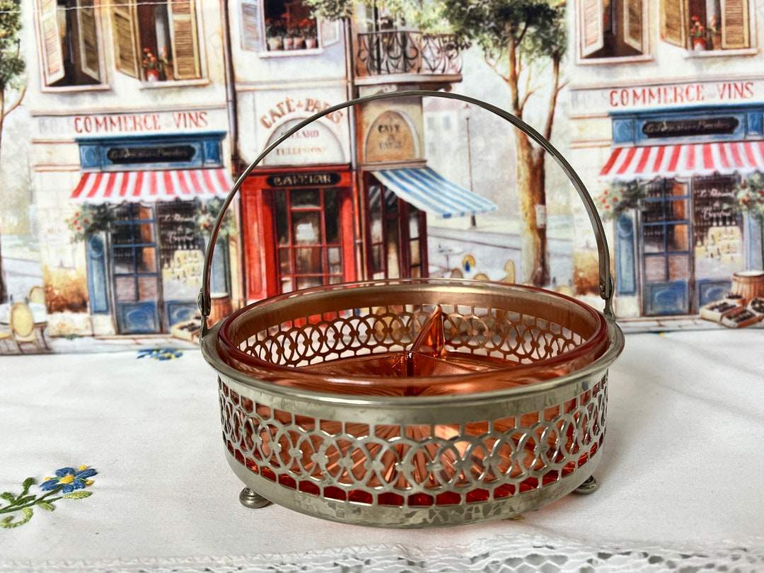 Art Deco Cool Metal Reticulated Basket W Pink Divided Glass Insert ...