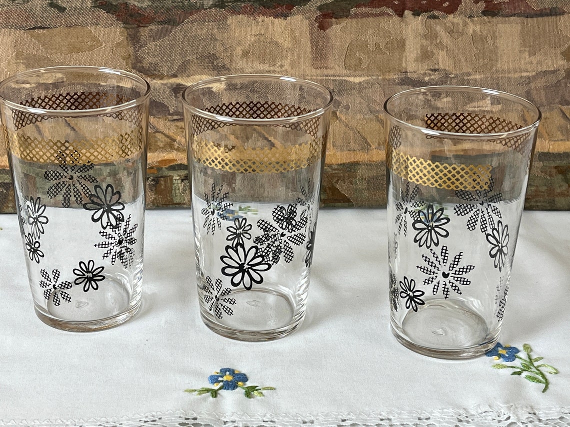 Mid Century Black Daisy Barware | Gold Cross Hatch Tumblers, Set of 3 ...