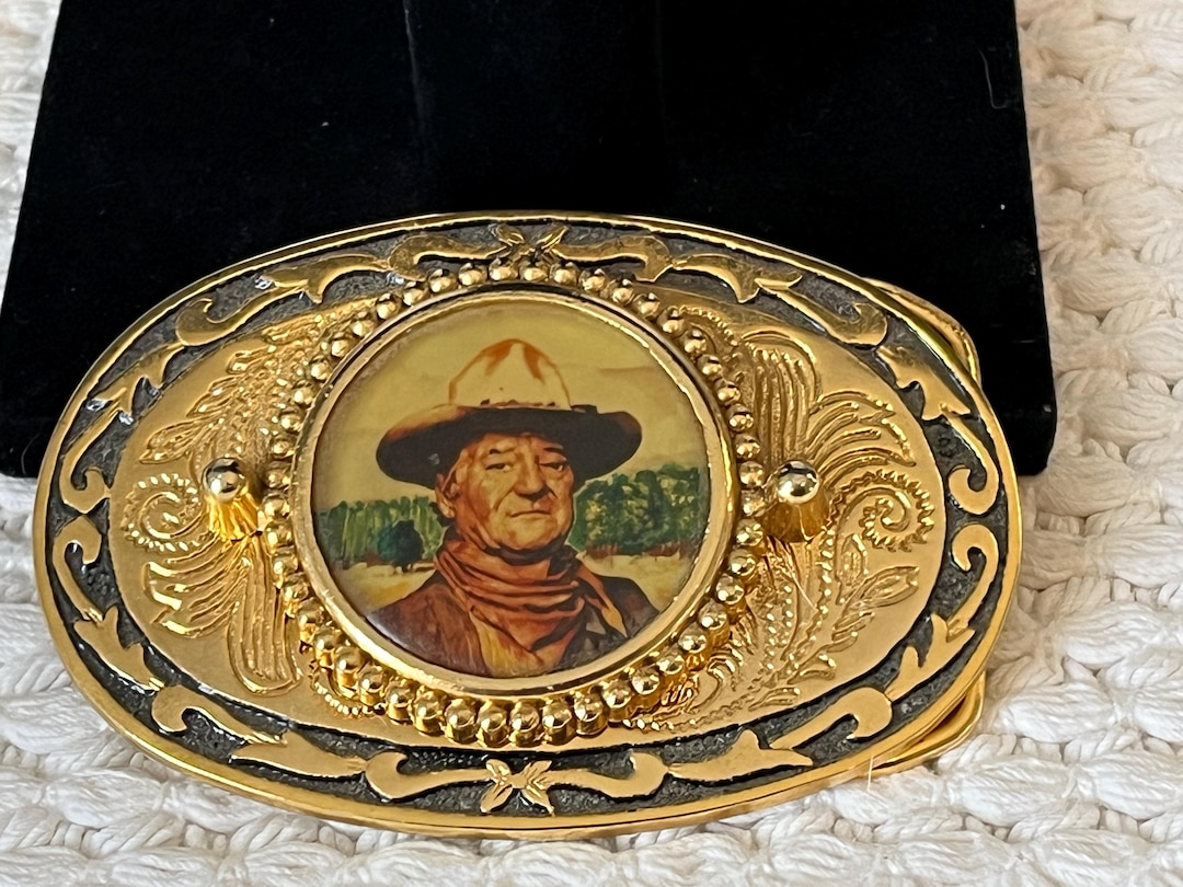 John Wayne the Duke Belt Buckle Vintage Oval Gold Tone Art Deco Scroll ...