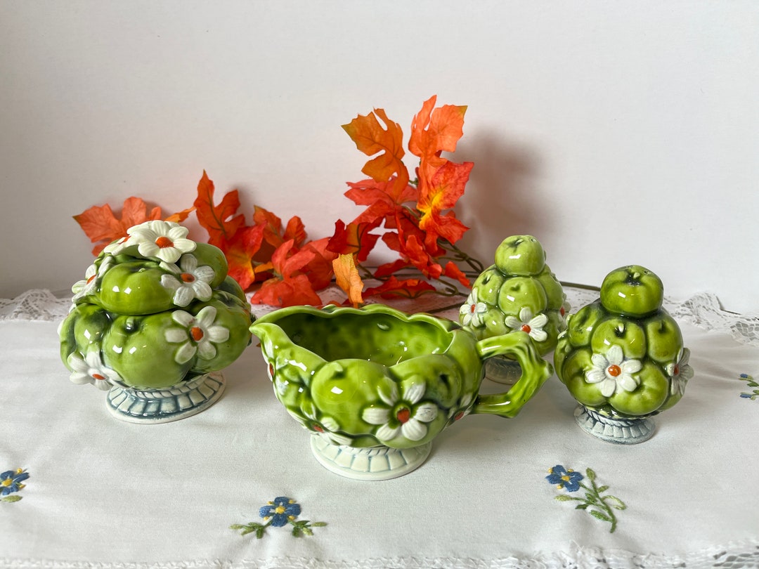 Vtg Inarco 1967 Green Apple Daisy Creamer Sugar Bowl W Lid Salt and ...