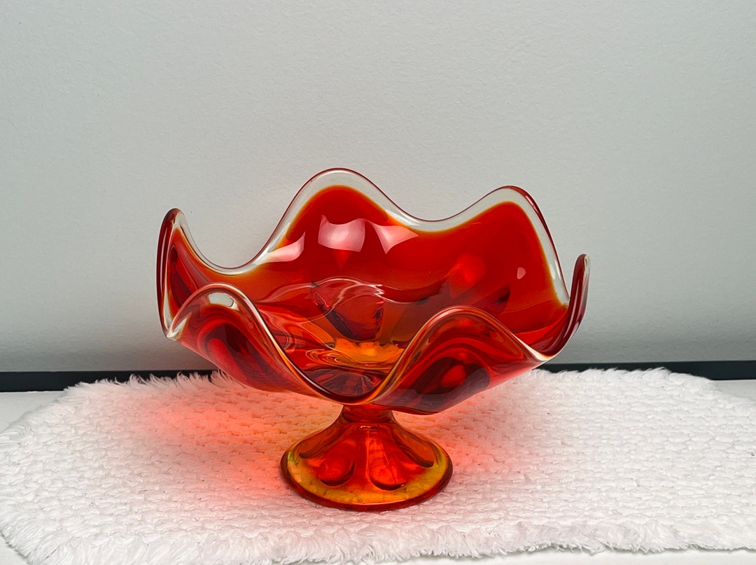 Viking Glass Red Orange Persimmon Compote Bowl 6 Petal Base and Opening ...