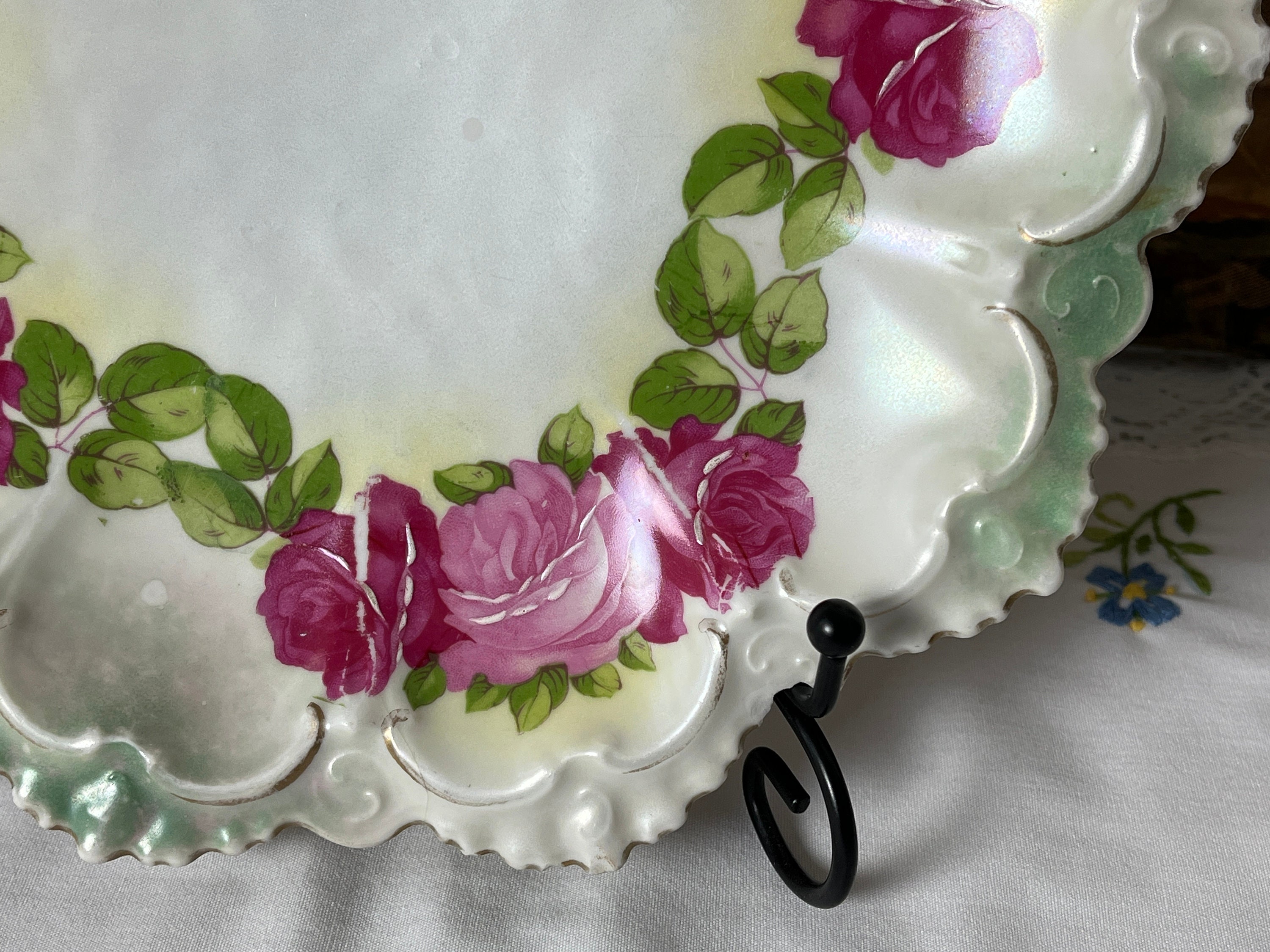 Antique MZ Austria Plate Green W Pink Roses Bouquet - Etsy