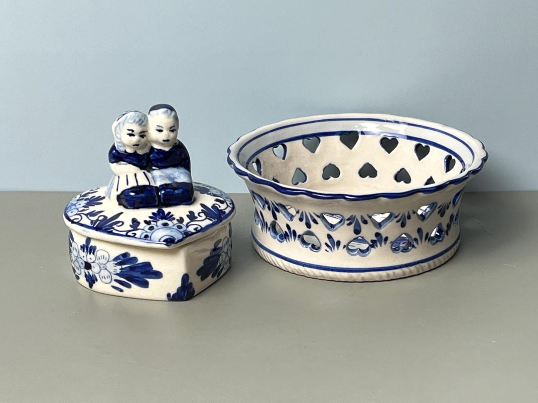 Delft Blue Bowl, Heart Shaped Trinket Dish With Lid, Heart Cut Outs and ...