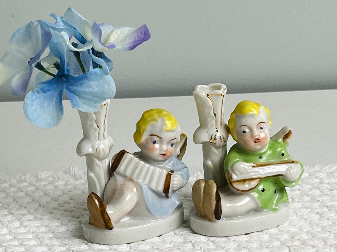 Vintage Angels Bud Vases Playing Accordian Guitar Occupied Japan 1945 ...
