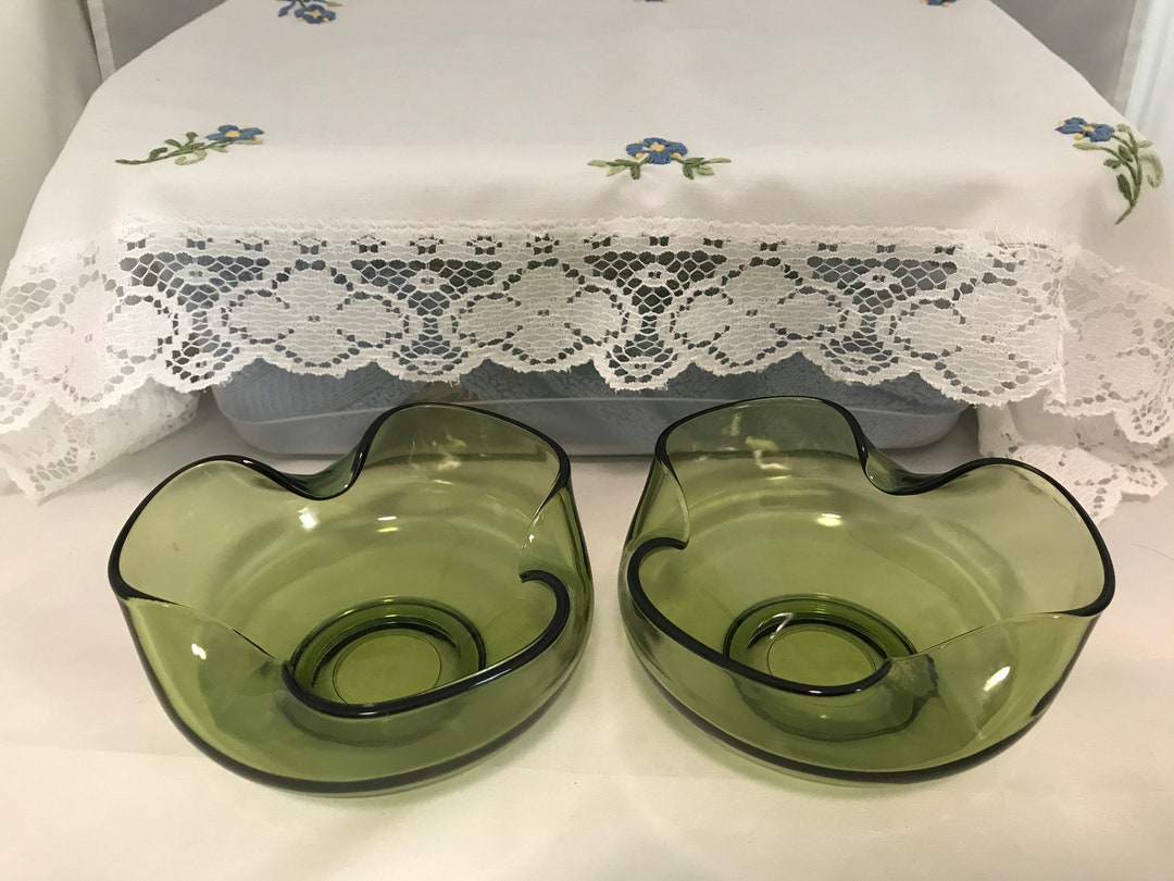 Vtg Avocado Green Glass Bowls | Set of Two | Inverted Ruffle Opening ...