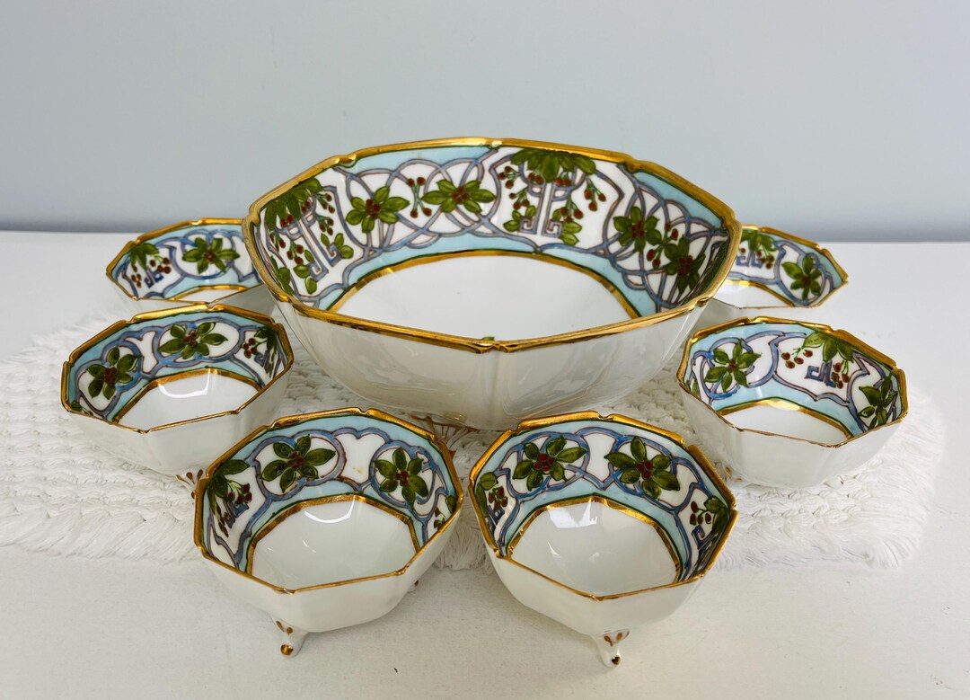 Antique Japanese Nippon Moriage Fruit Bowl & 6 Fruit Cups | Hand ...