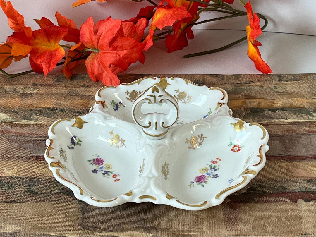 REICHENBACH German Divided Relish Tray W Handle Floral Bouquets Gold ...