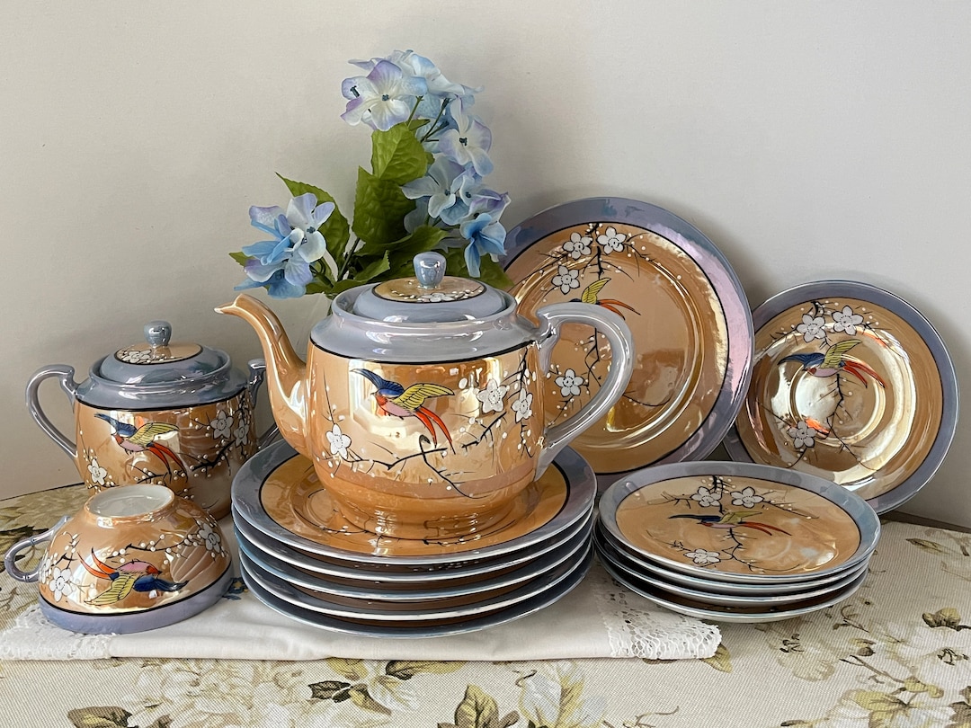 Iridescent Japan Tea Set Vintage Lusterware 16 Piece Partial Set Orange Blue Flying Birds White ...