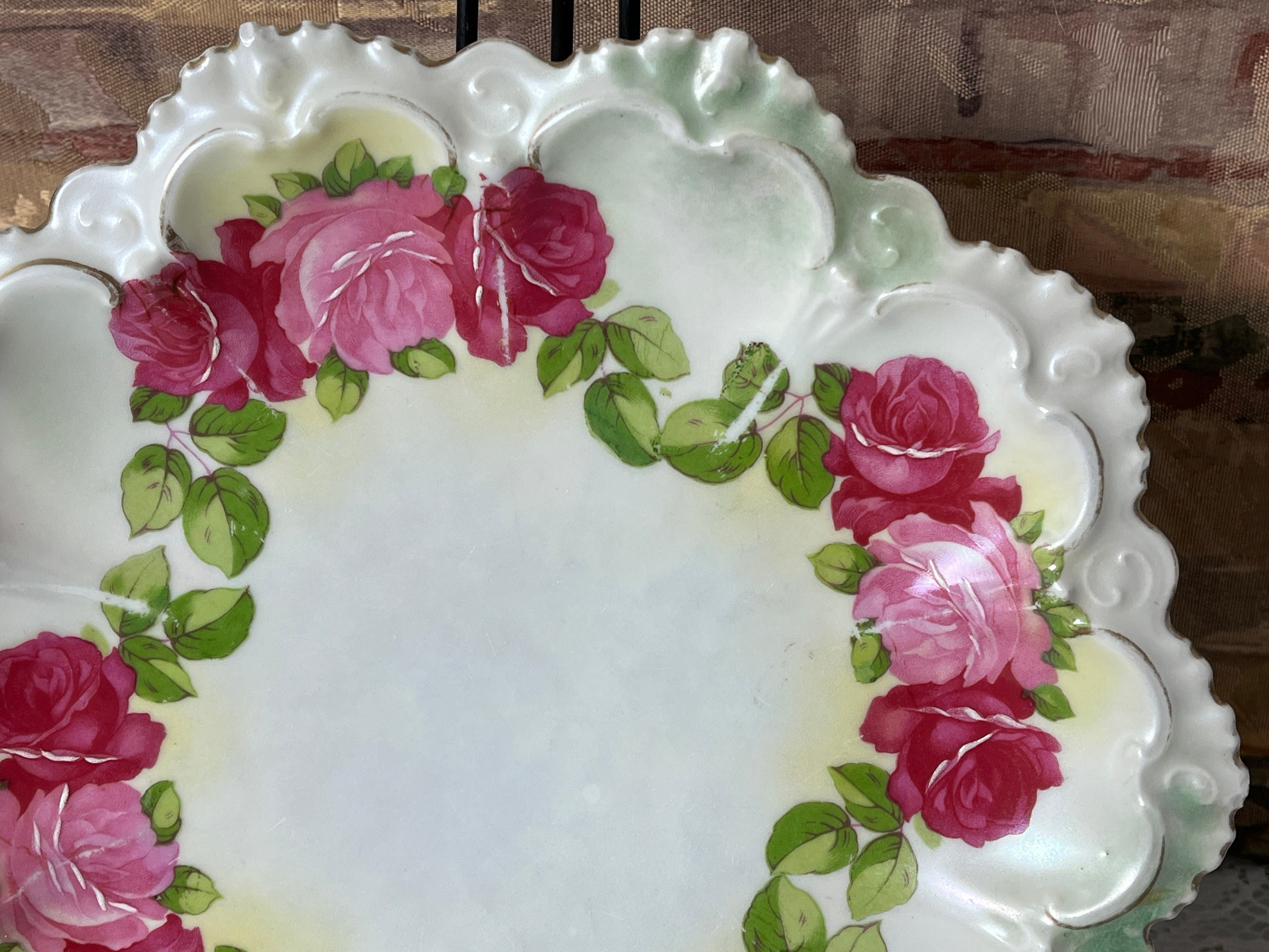 Antique MZ Austria Plate Green W Pink Roses Bouquet - Etsy