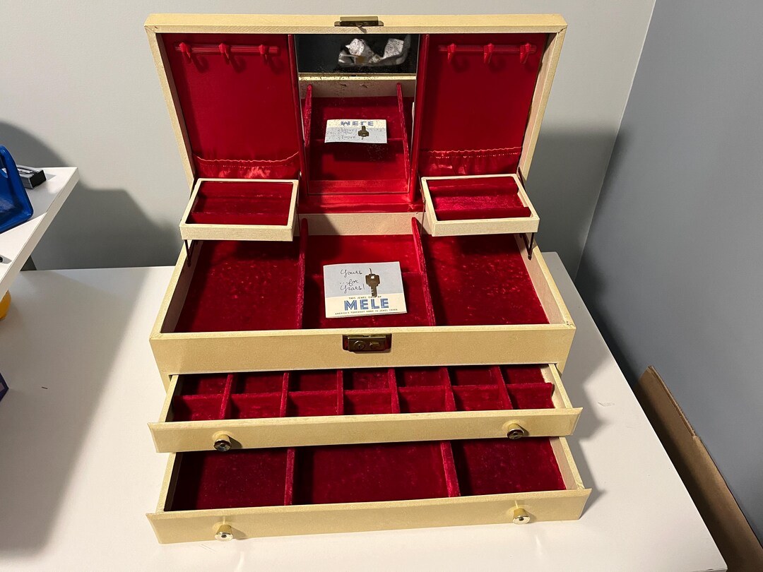 Vintage Mele Tiered Jewelry Box, Original Key, Mid Century Modern Cream ...