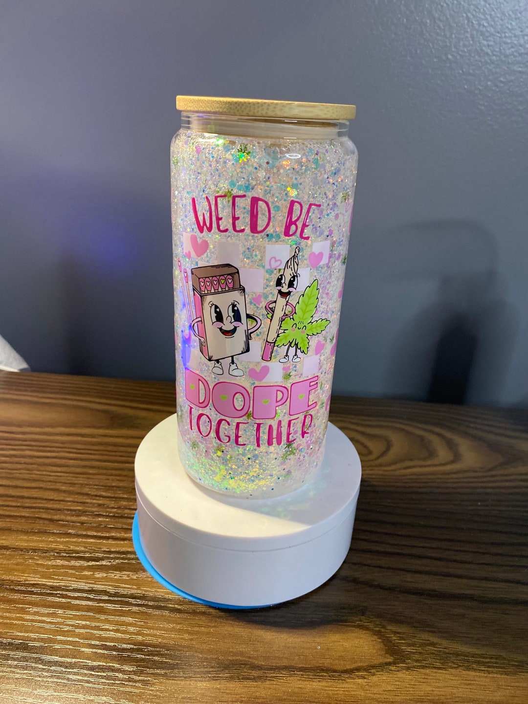 16 Oz Glass Cup With Bamboo Lid and Straw, Glitter Slow Flow Tumbler ...