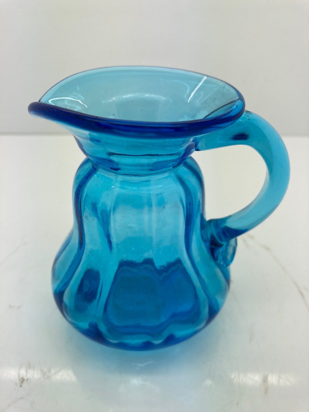 Blue Hand Blown Carnival Glass Pitcher - Etsy