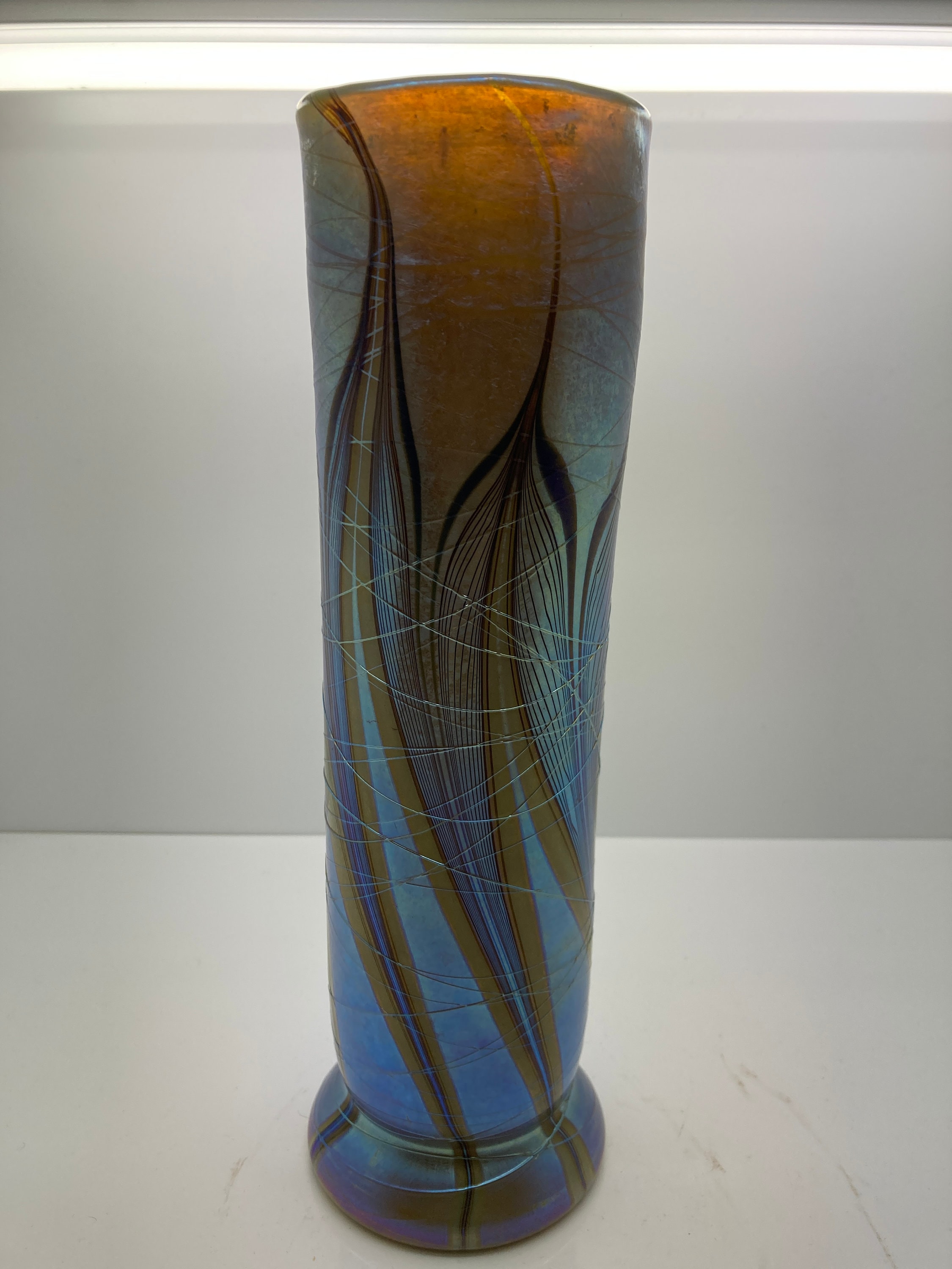 1979 LUNDBERG STUDIOS Threaded Blue Iridescent Art Glass Vase - Etsy
