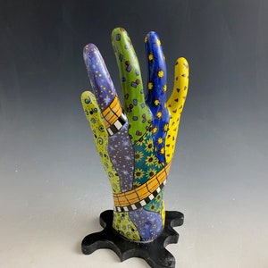 Hand Painted 14” Tall Large One of a Kind Ceramic Hand on Stand ...