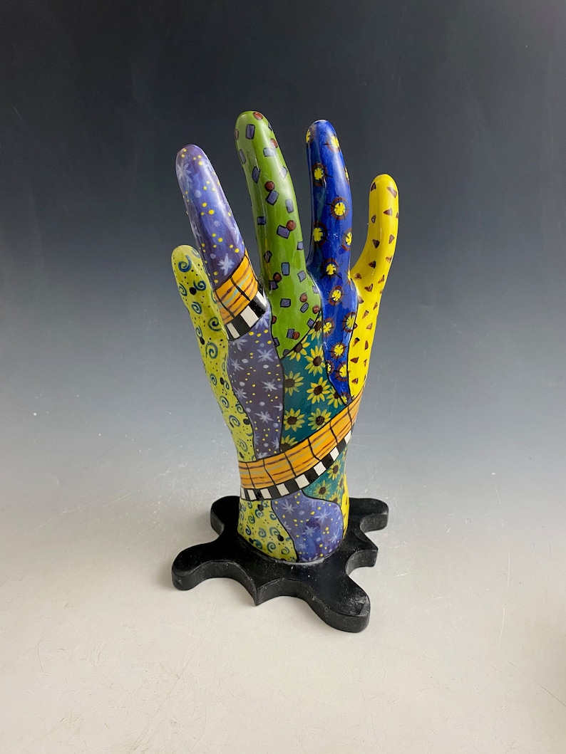 Hand Painted 14” Tall Large One of a Kind Ceramic Hand on Stand ...