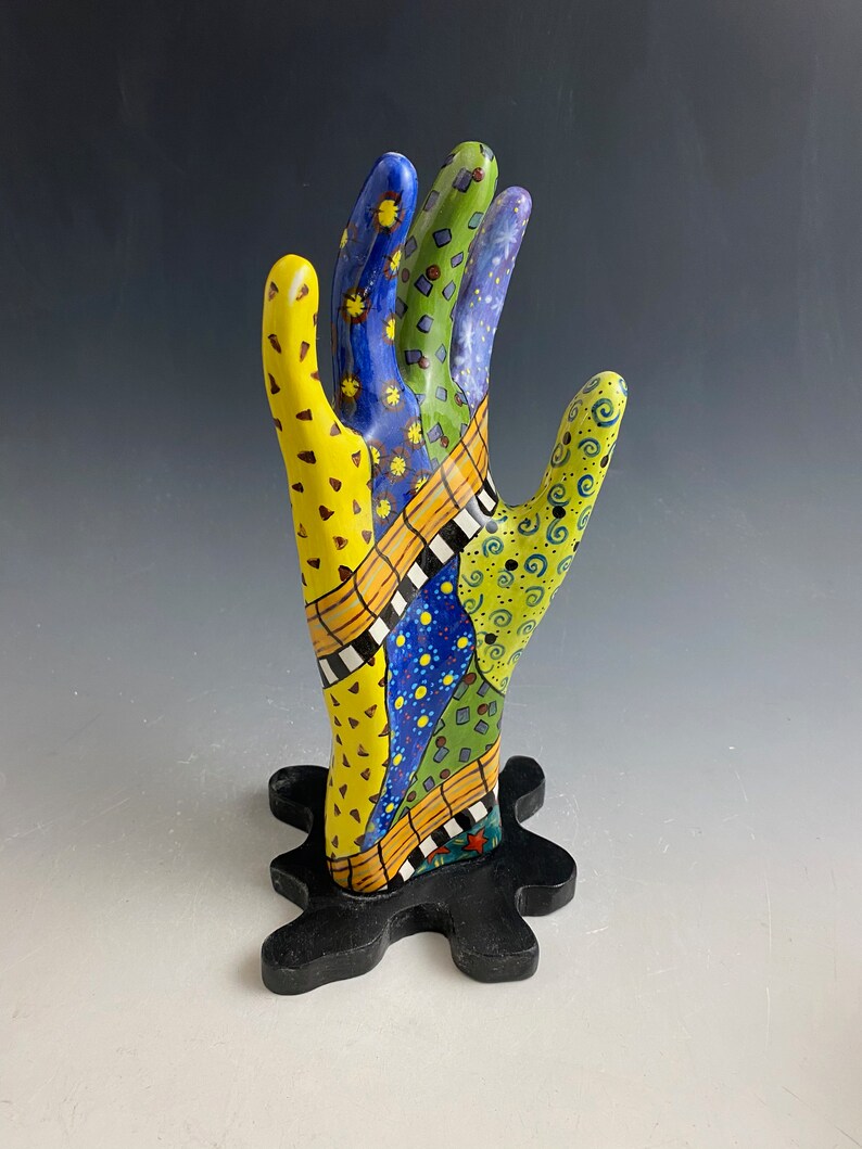 Hand Painted 14” Tall Large One of a Kind Ceramic Hand on Stand ...