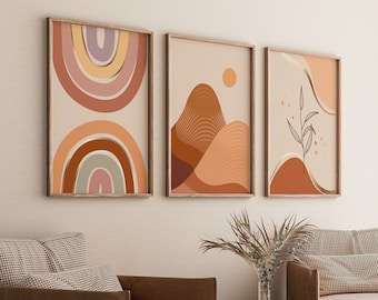 Boho Abstract Wall Art Prints, Boho Wall Decor, Set of 3 Prints, Boho Wall Art, Mid Century ...
