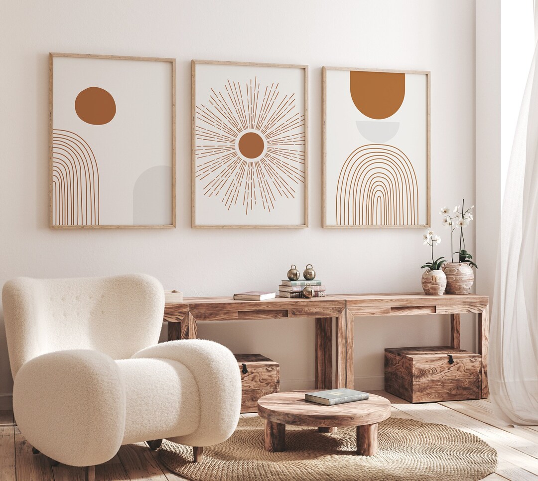 Terracotta Abstract Sun Wall Art Set, Minimalist Boho Line Decor, Warm ...