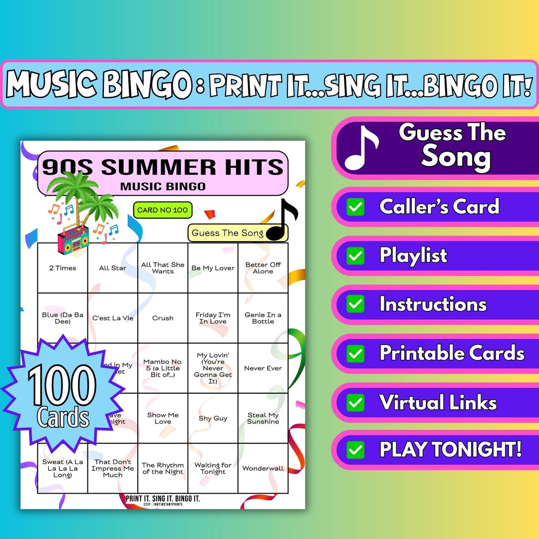 100 Card 90s Summer Hits Music Bingo, 90s Party, 90s Themed Party ...