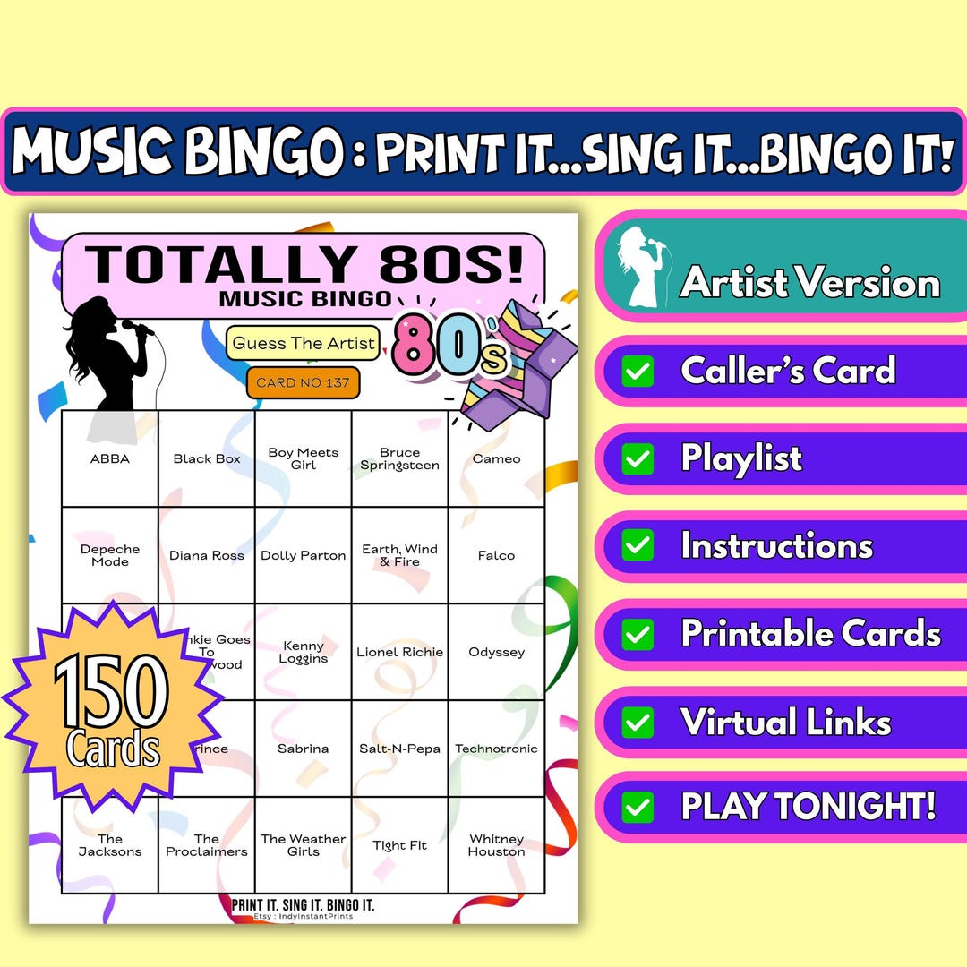 150-card Totally 80s Music Bingo | Artist Format | Printable Party Game ...