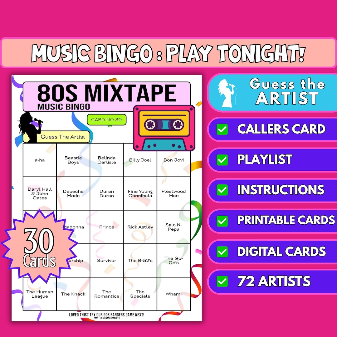 Music Bingo Cards - 80s Mixtape (1980s Hit Songs) | Guess the Artist ...