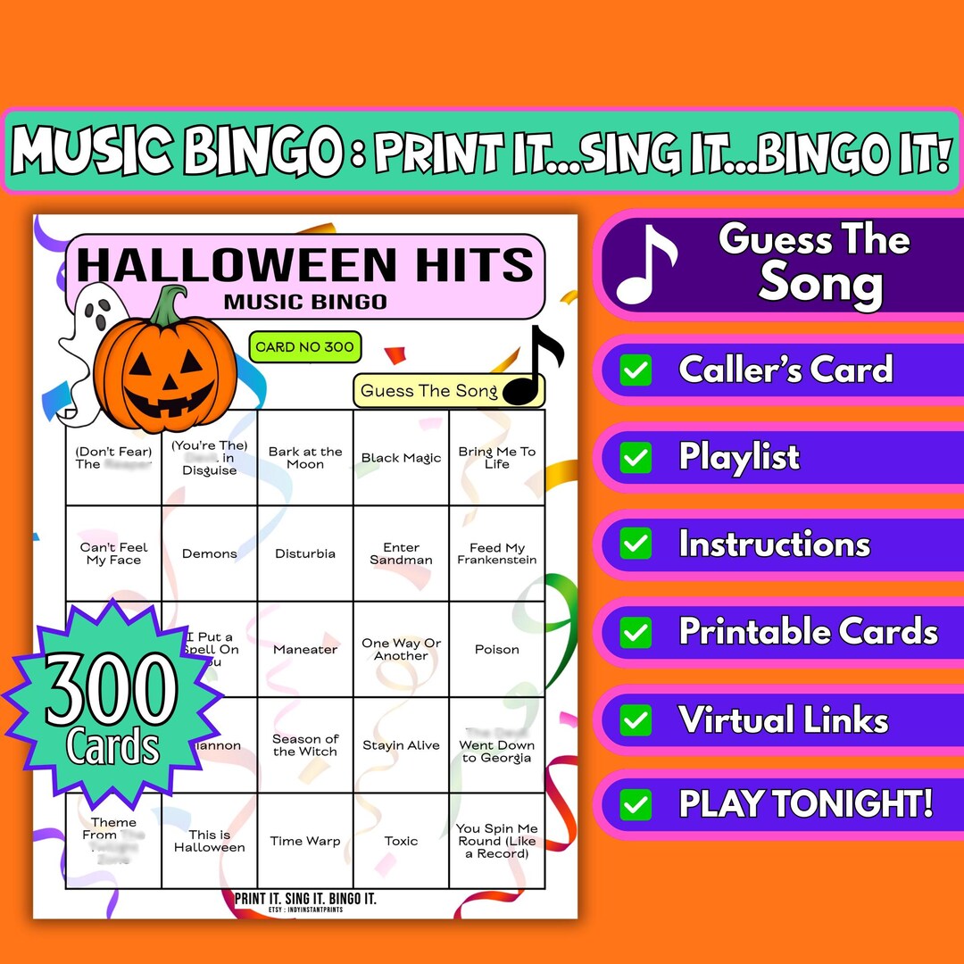 300 Card Halloween Music Bingo – Guess the Song Partygame, Printable ...