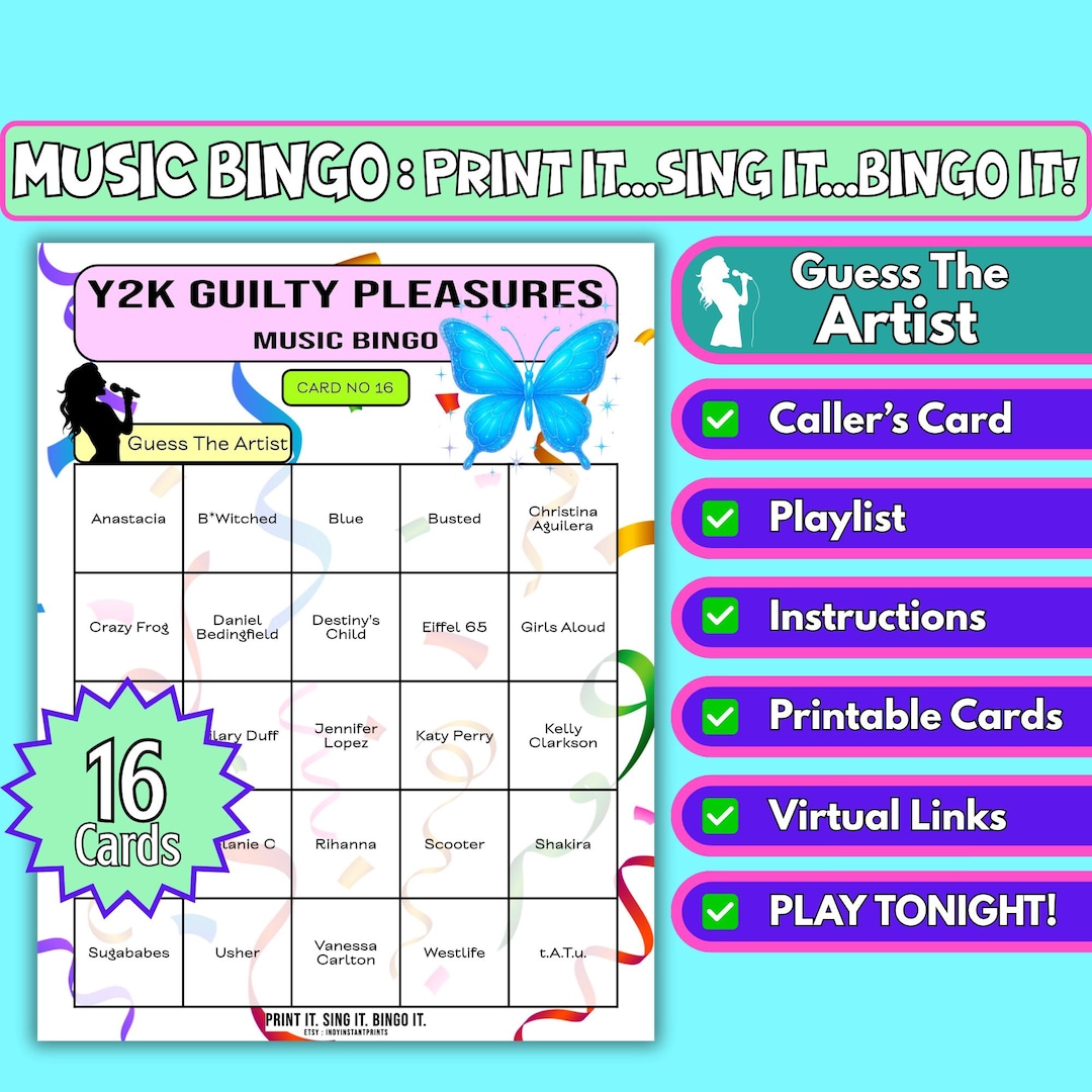 16-card Y2K Guilty Pleasures Music Bingo. Guess the Artist. Printable ...