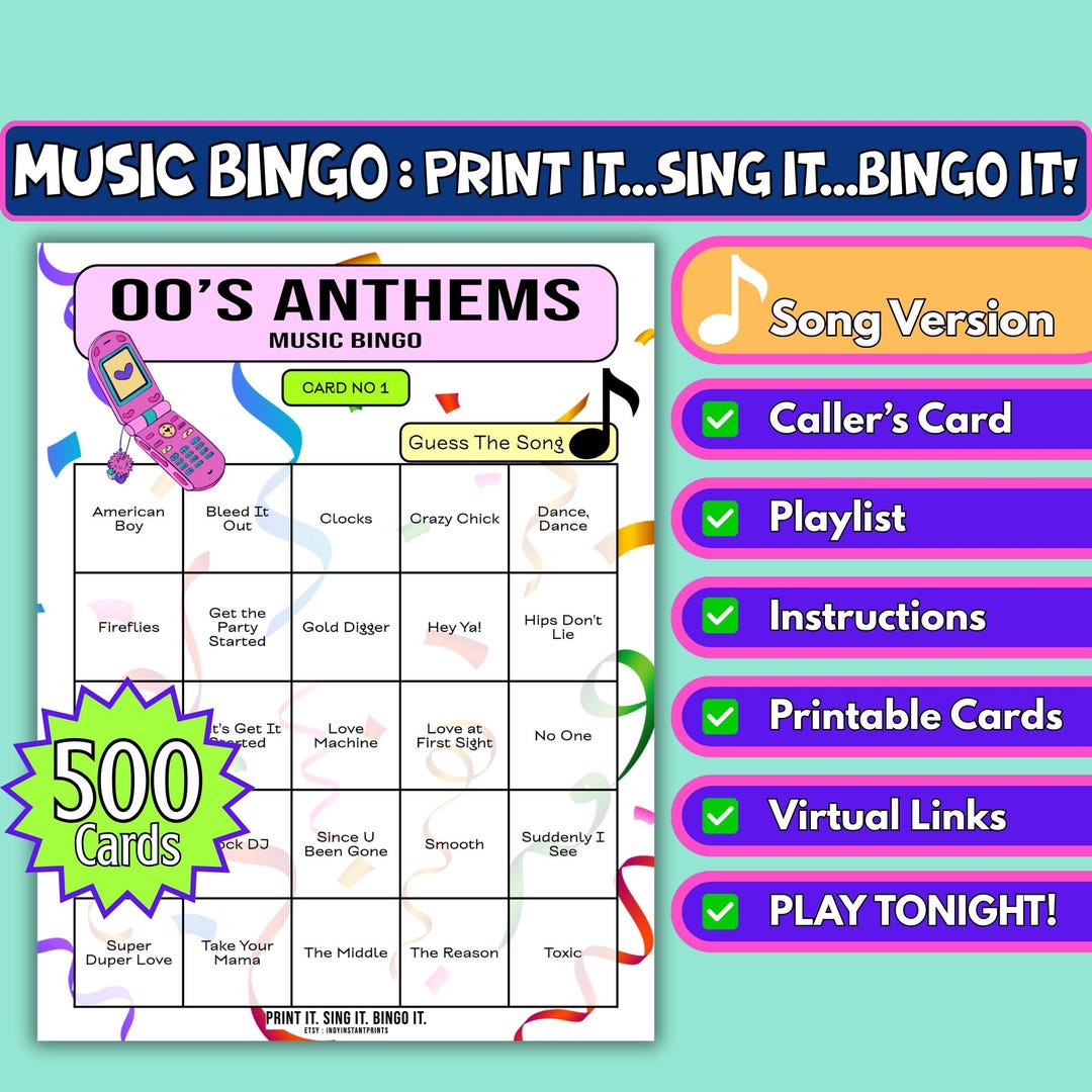 Music Bingo Cards - 00s Anthems (2000s Hit Songs) | Guess the Song ...