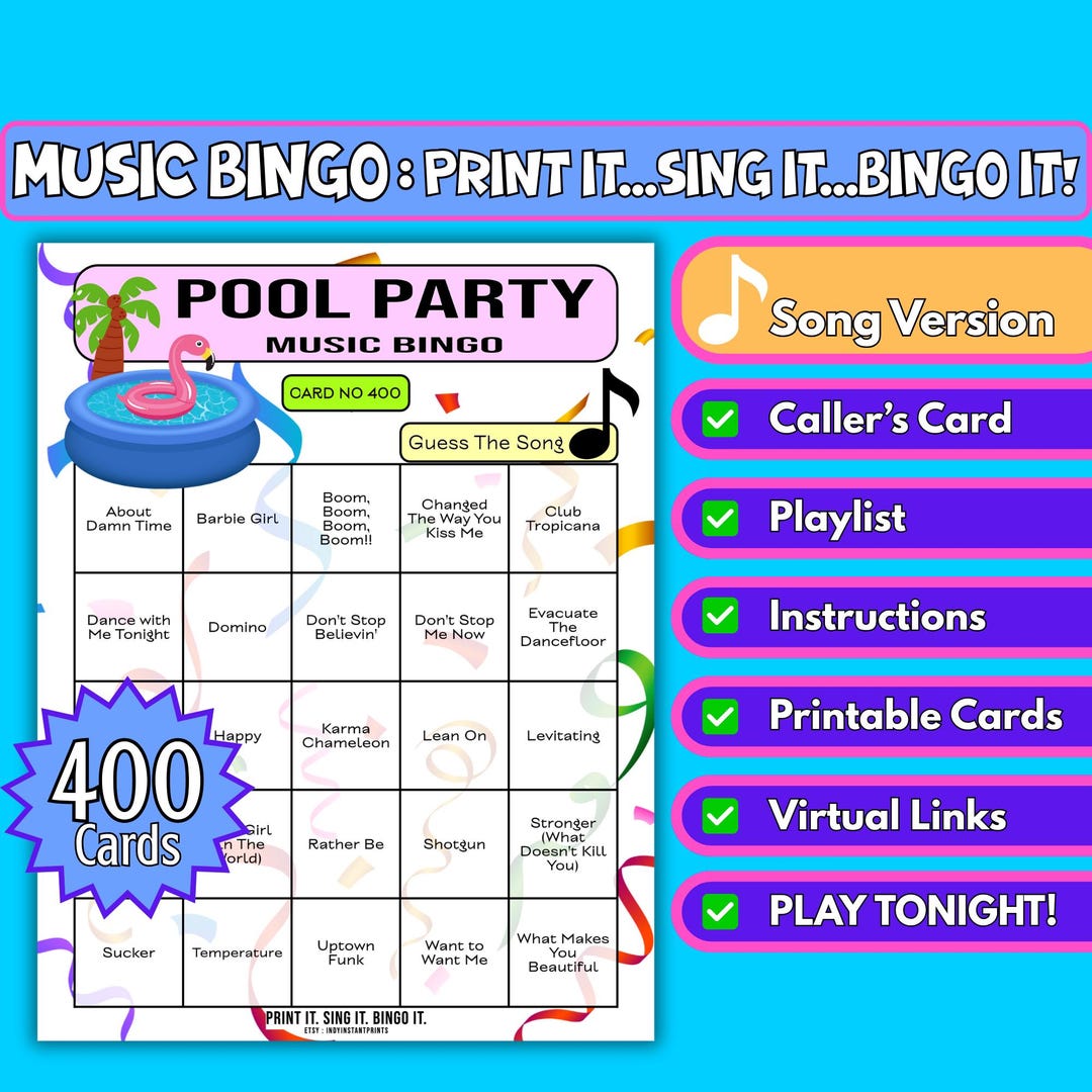 400-card Pool Party Songs Music Bingo | Printable Game for Corporate ...